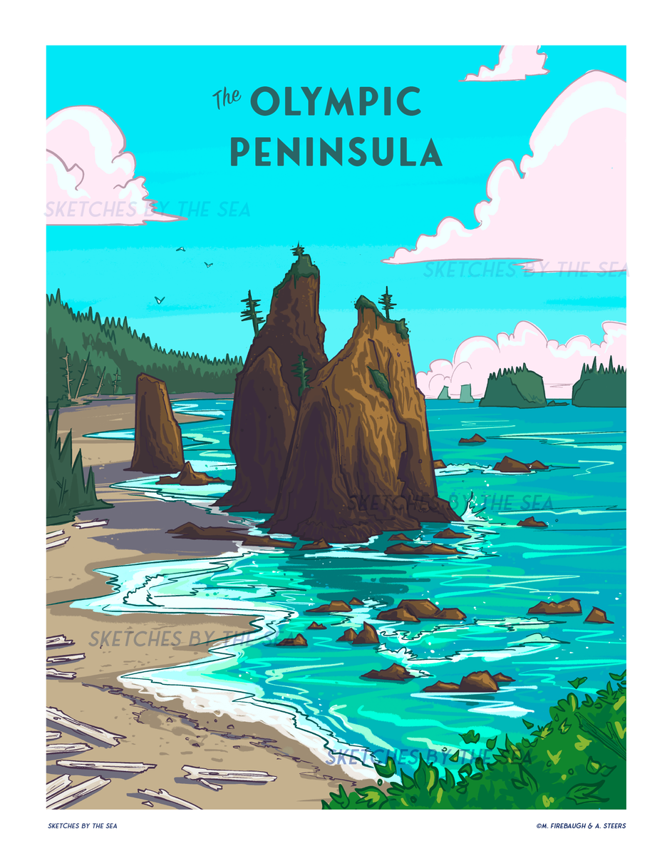 Olympic Peninsula Poster, Retro Style Travel Art Print – Sketches By ...